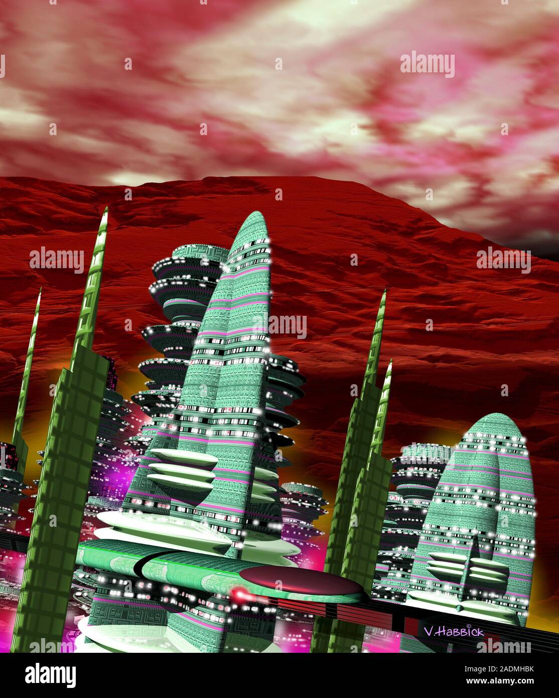 Mars city. Computer illustration of a city on the planet Mars. There is ...