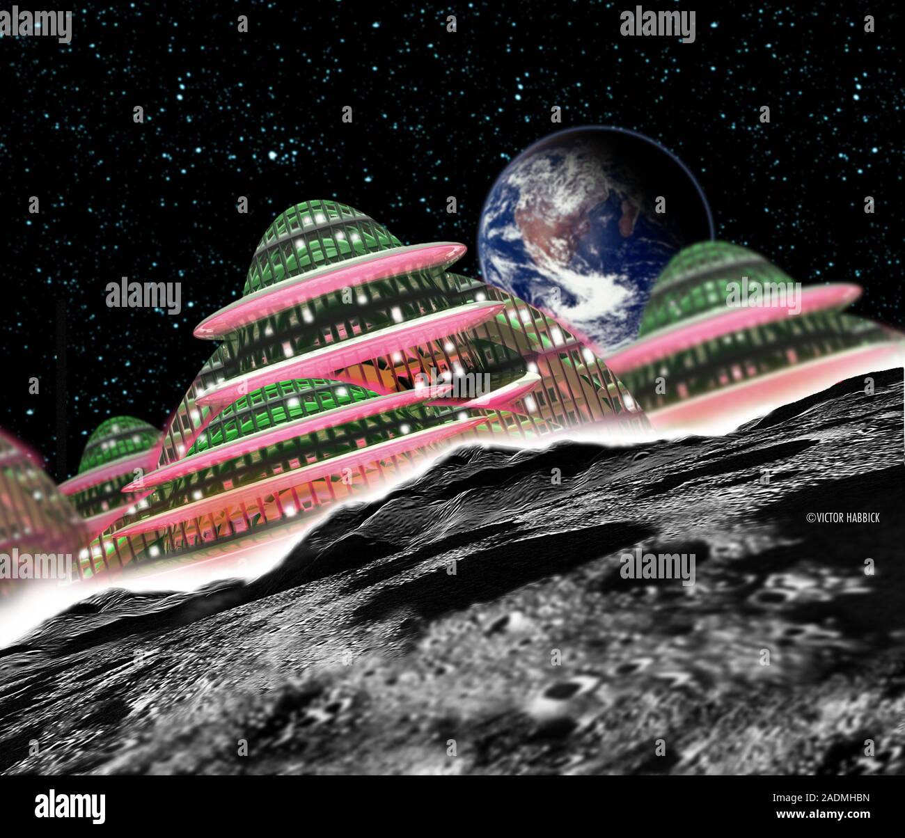Moon hotel. Computer artwork of a future hotel on the Moon. The Earth ...