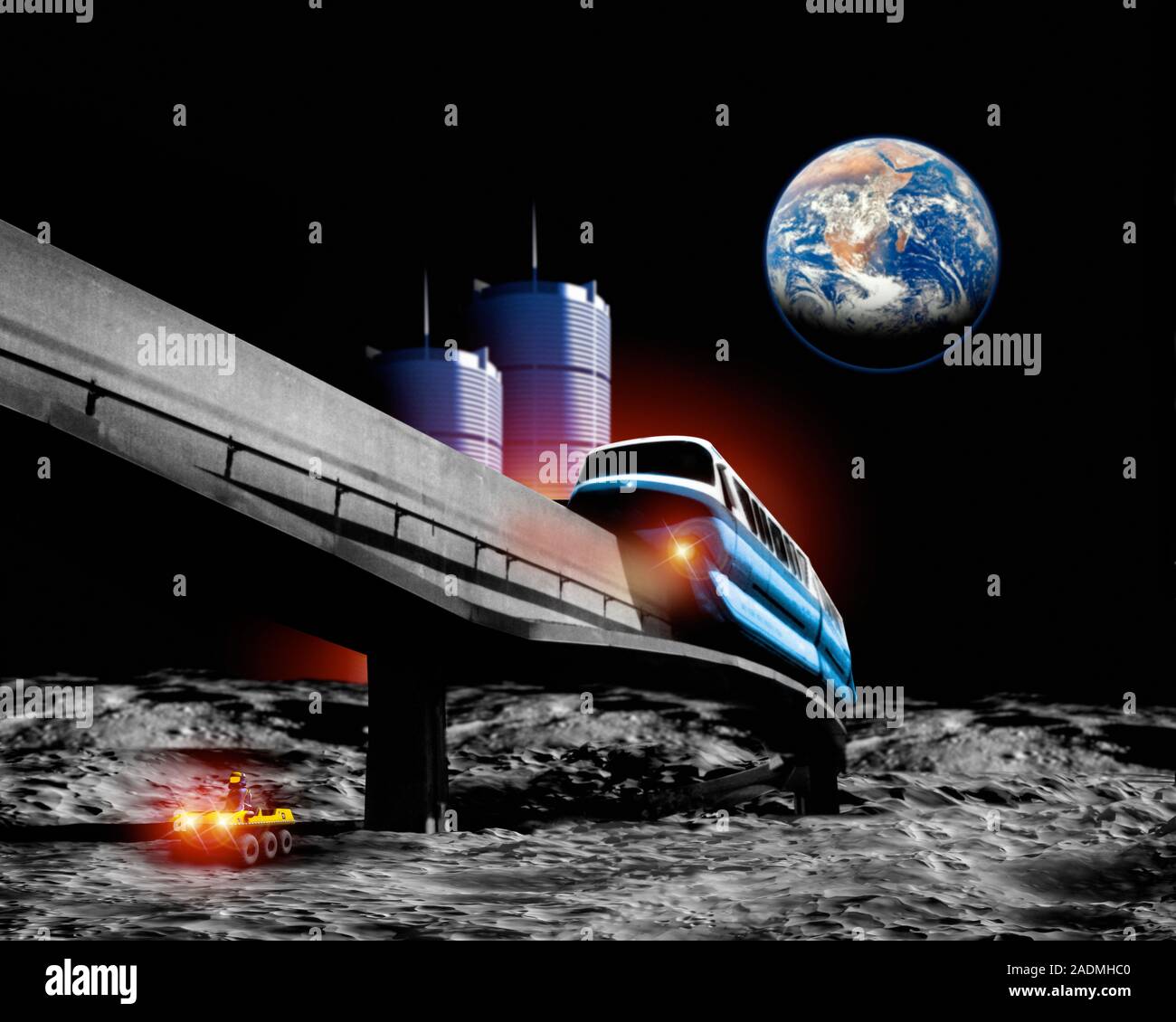 Moon monorail. Conceptual computer artwork of a monorail on the Moon ...