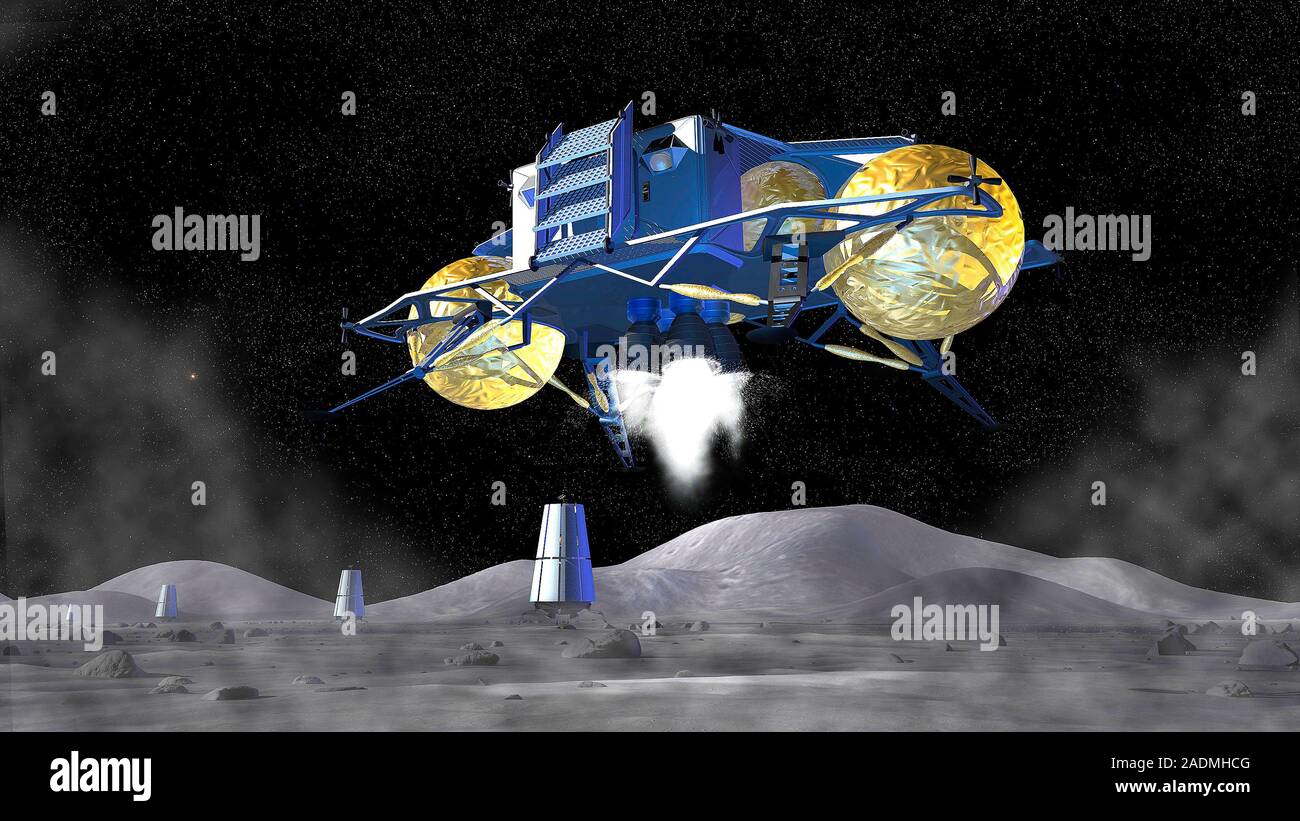Lunar lander. Artwork of a lunar lander touching down on the Moon. This ...