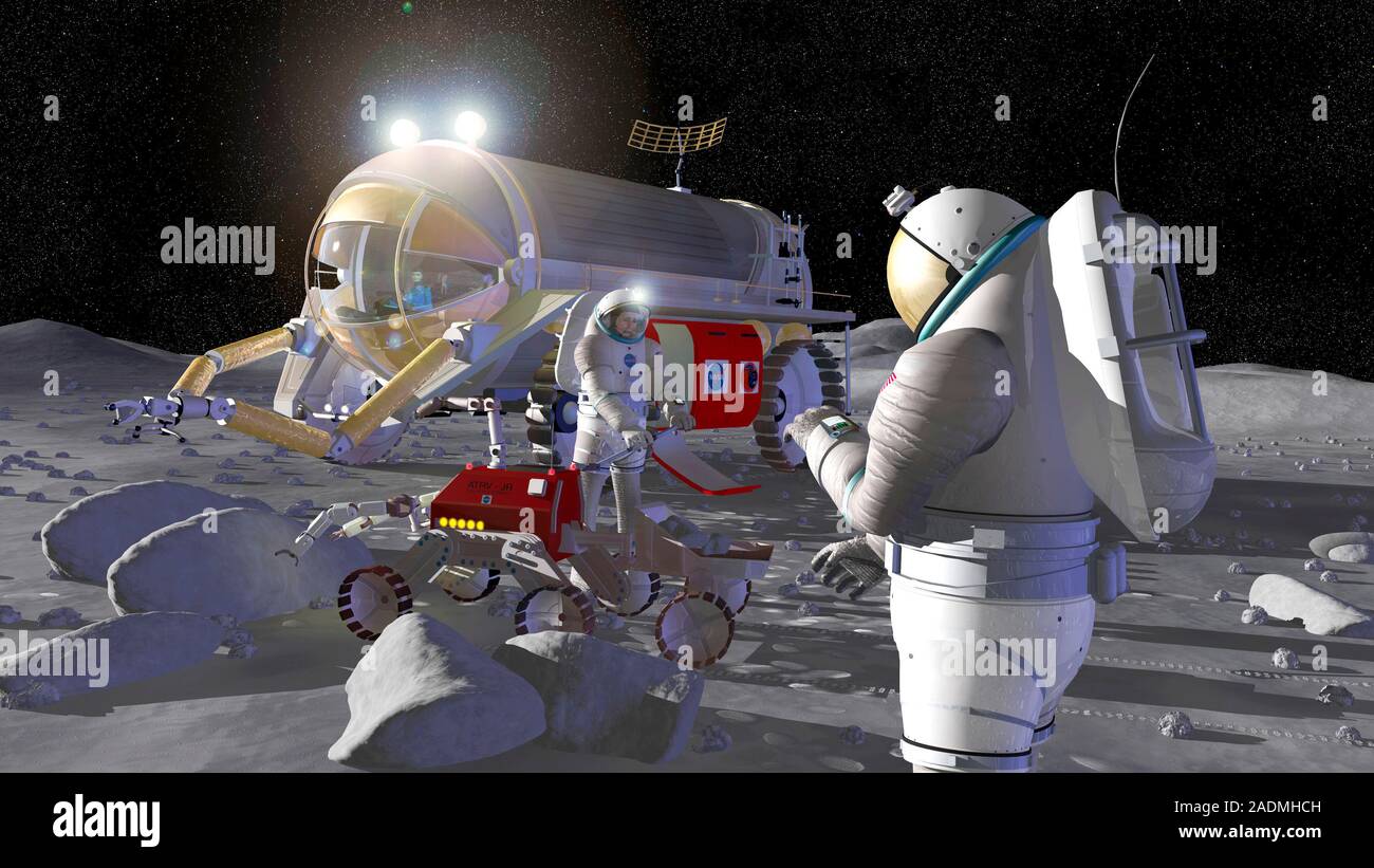Lunar exploration. Artwork of astronauts exploring the Moon using a ...
