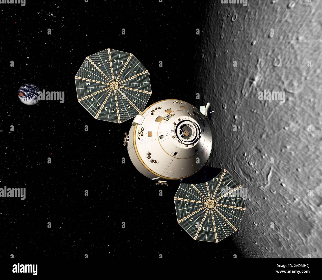 Orion spacecraft. Artwork of the Orion spacecraft orbiting the Moon ...