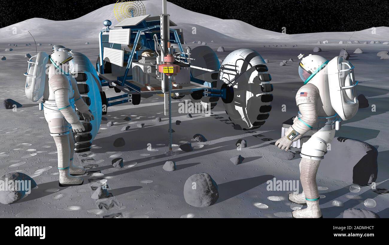 Lunar exploration. Artwork of astronauts on the Moon using a drill ...