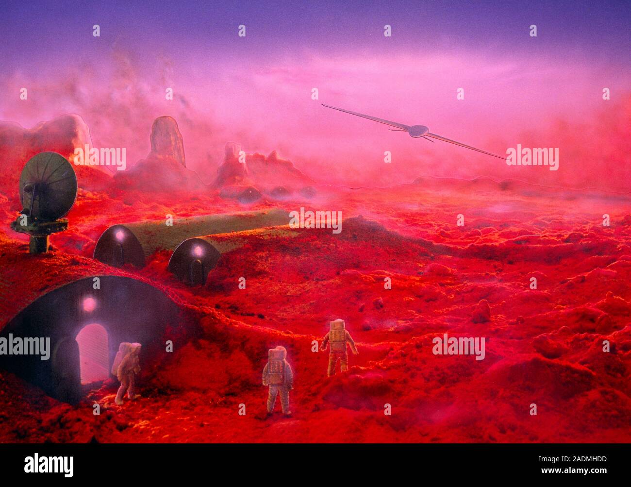 Artist's impression of a small manned Mars base in a raging Martian ...