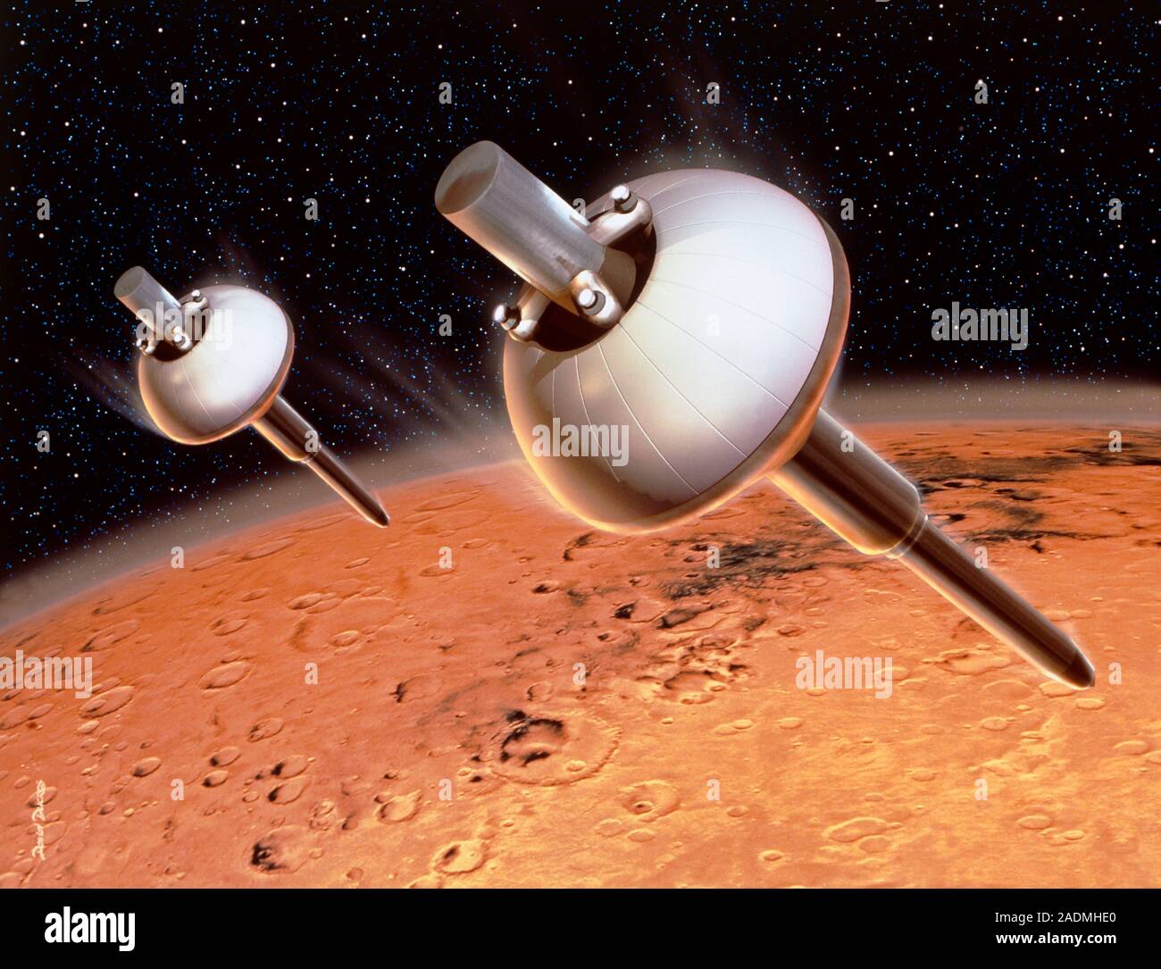 Mars 96 penetrators. Artist's impression of two penetrator craft entering the Martian atmosphere ...