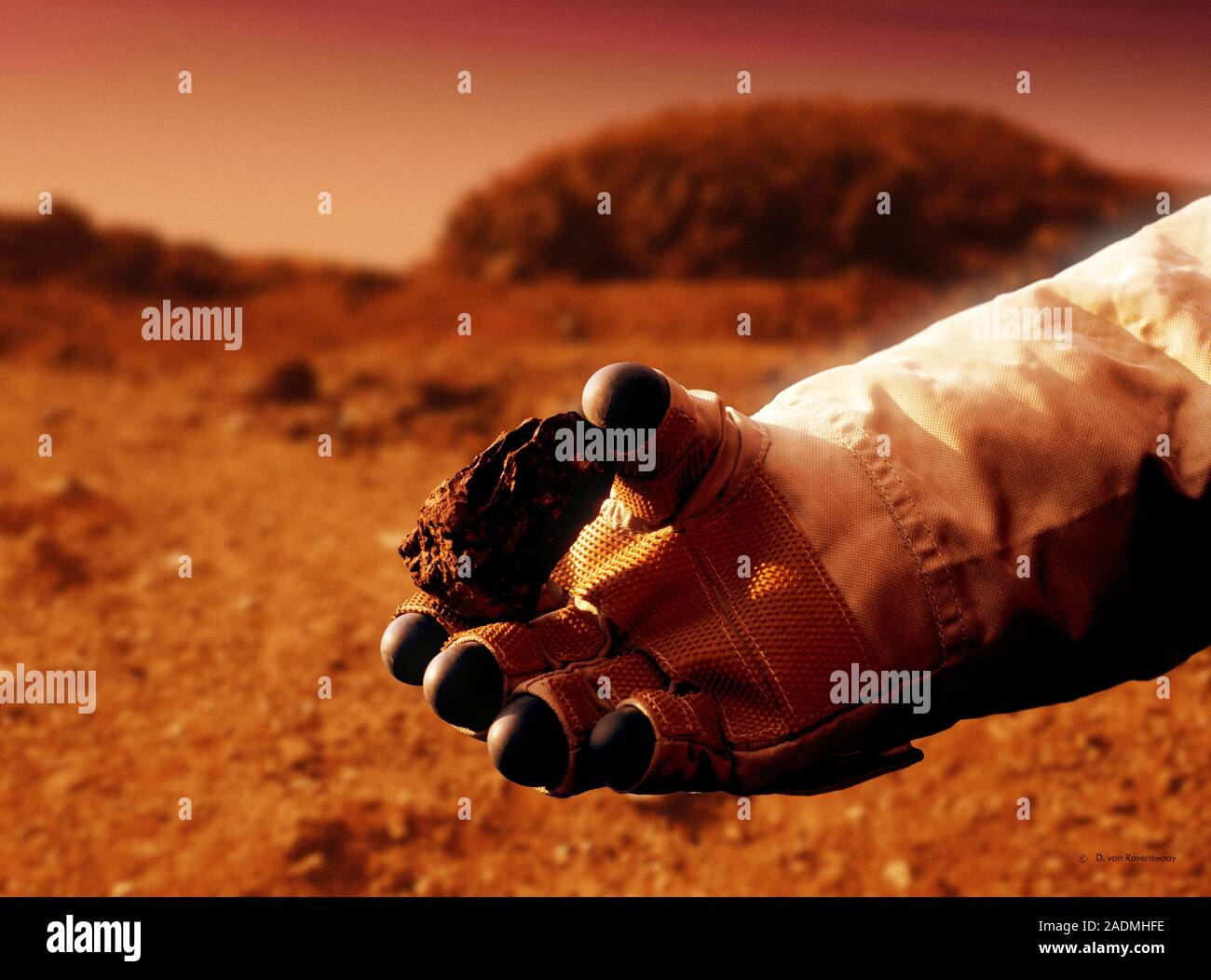 Martian rock. Artwork of a Martian rock being held in an astronaut's ...