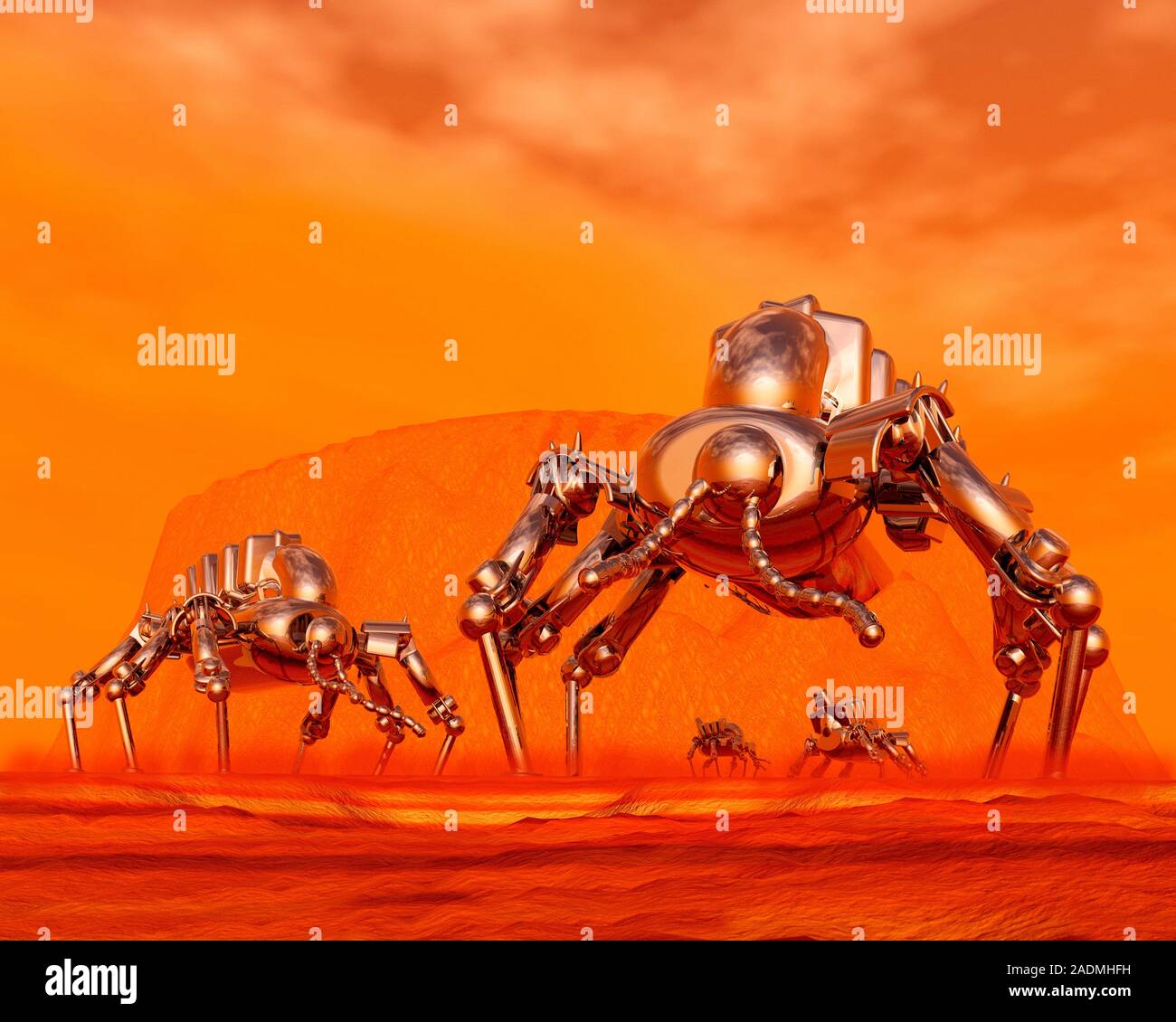 Robots on Mars. Computer artwork of insect-like robots exploring on ...