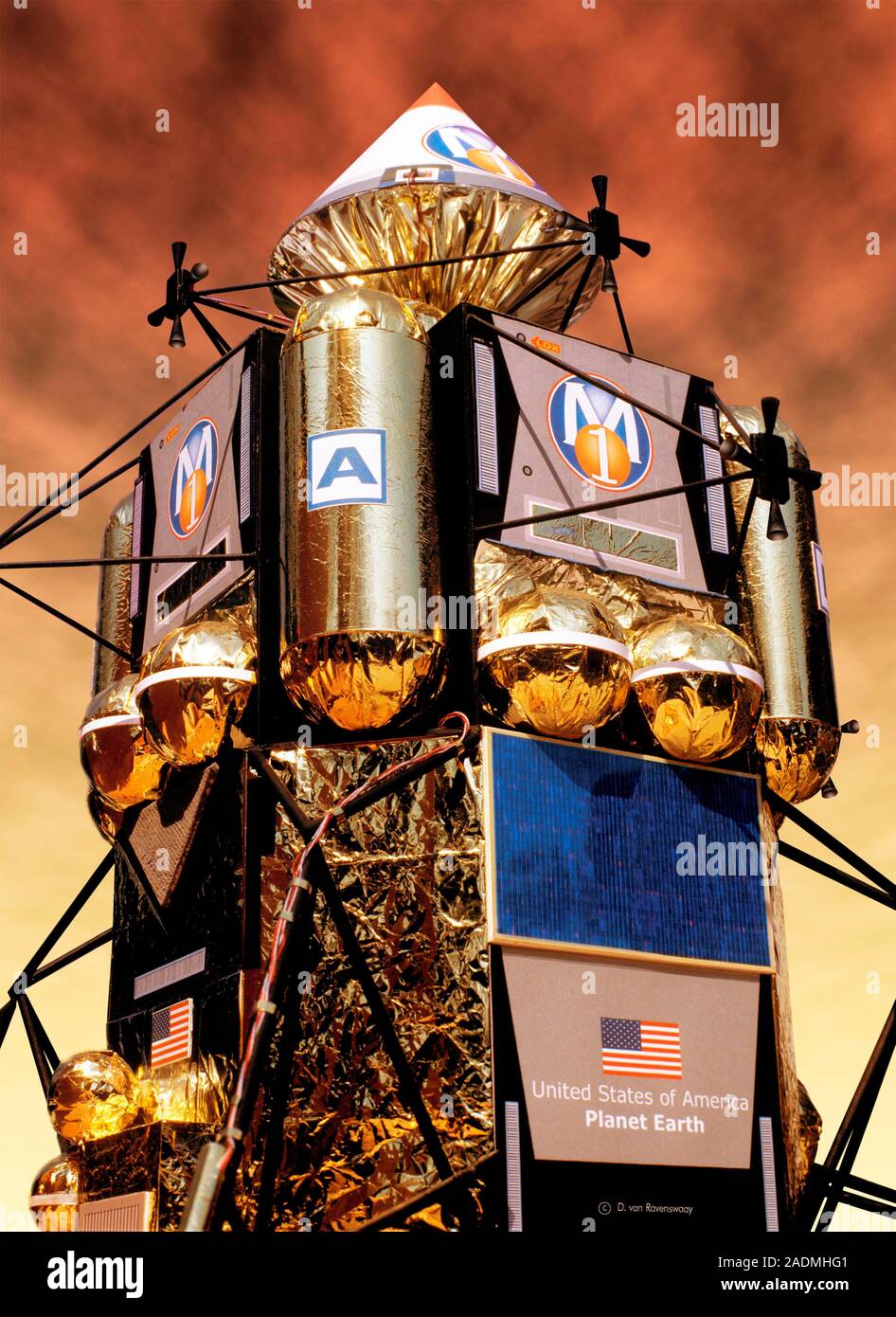 Spacecraft on Mars. Artwork of a spacecraft lander from a manned ...