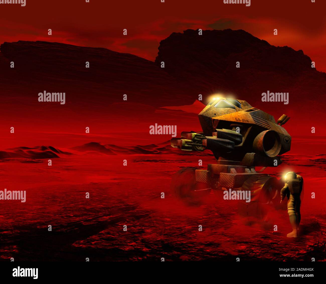 Mars exploration. Computer artwork of an astronaut directing a vehicle ...