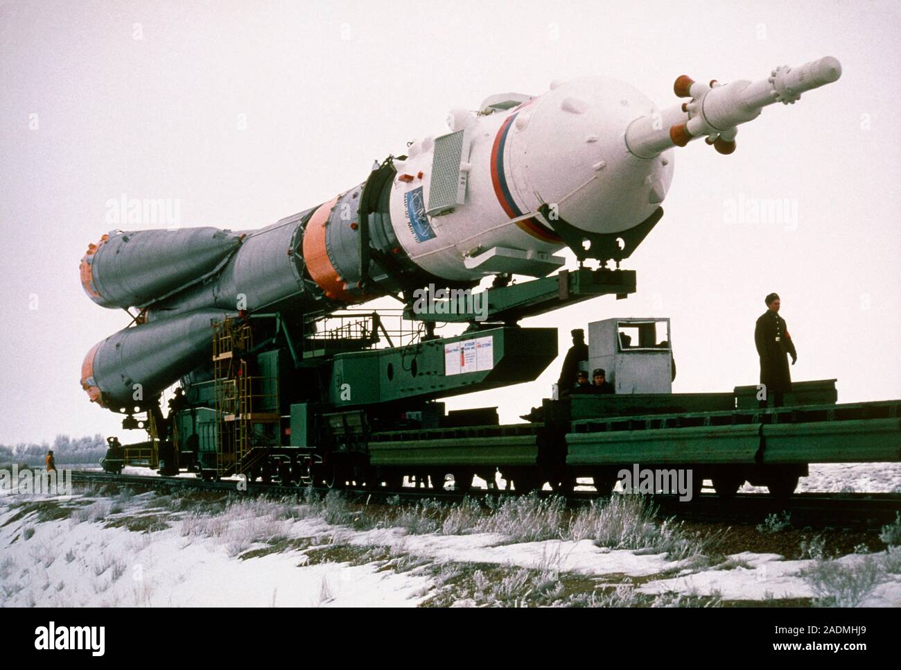 Soyuz launcher. Russian Soyuz spacecraft (white) on an SL-4 rocket ...