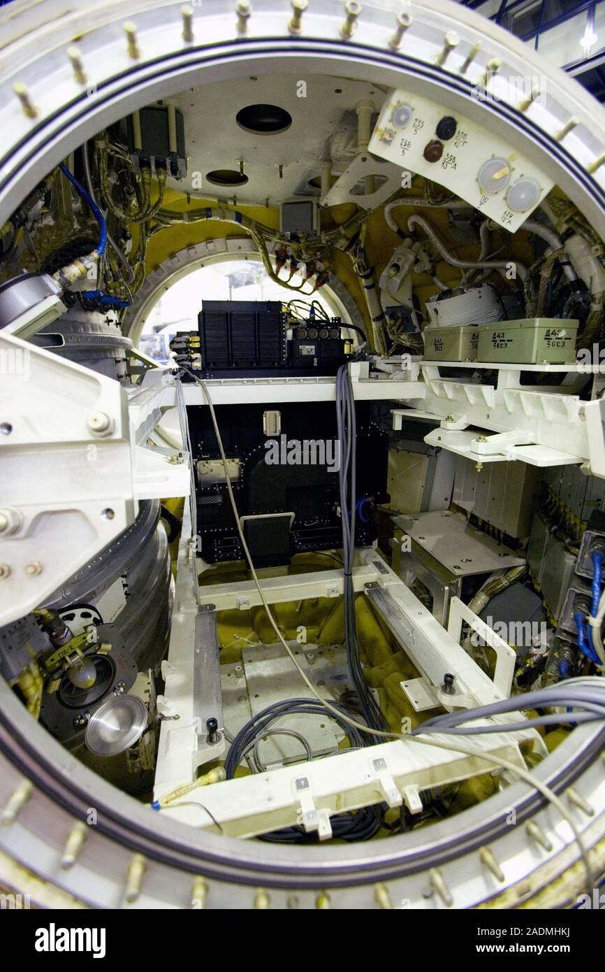 Russian re-entry capsule, interior view. Soyuz capsules were used to ...