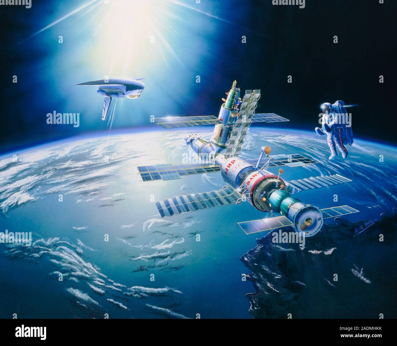Artist's impression of the Soviet space station Mir, showing the Soviet ...