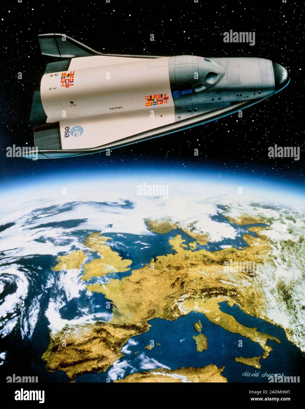 Hermes space shuttle. Artist's impression of Europe's Hermes space shuttle in orbit over Europe ...
