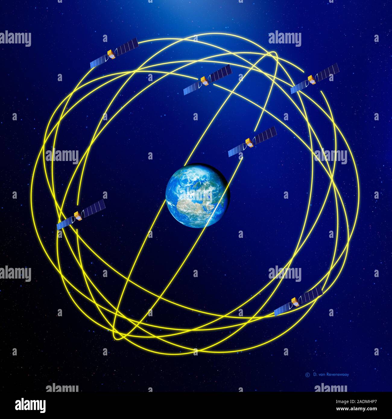 Galileo navigation satellite network. Artwork of six of the navigation ...