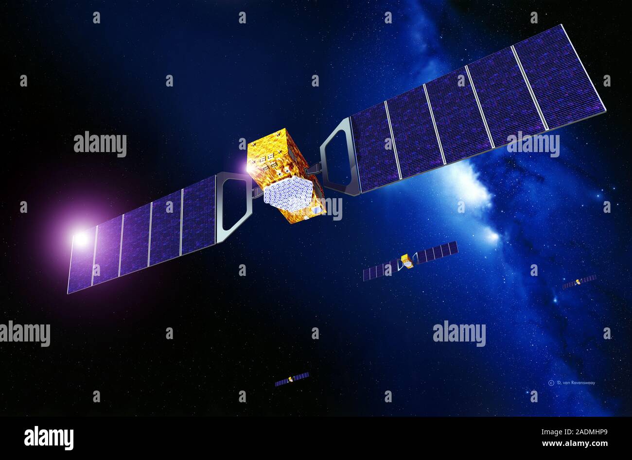 Galileo navigation satellite network. Artwork of several navigation ...