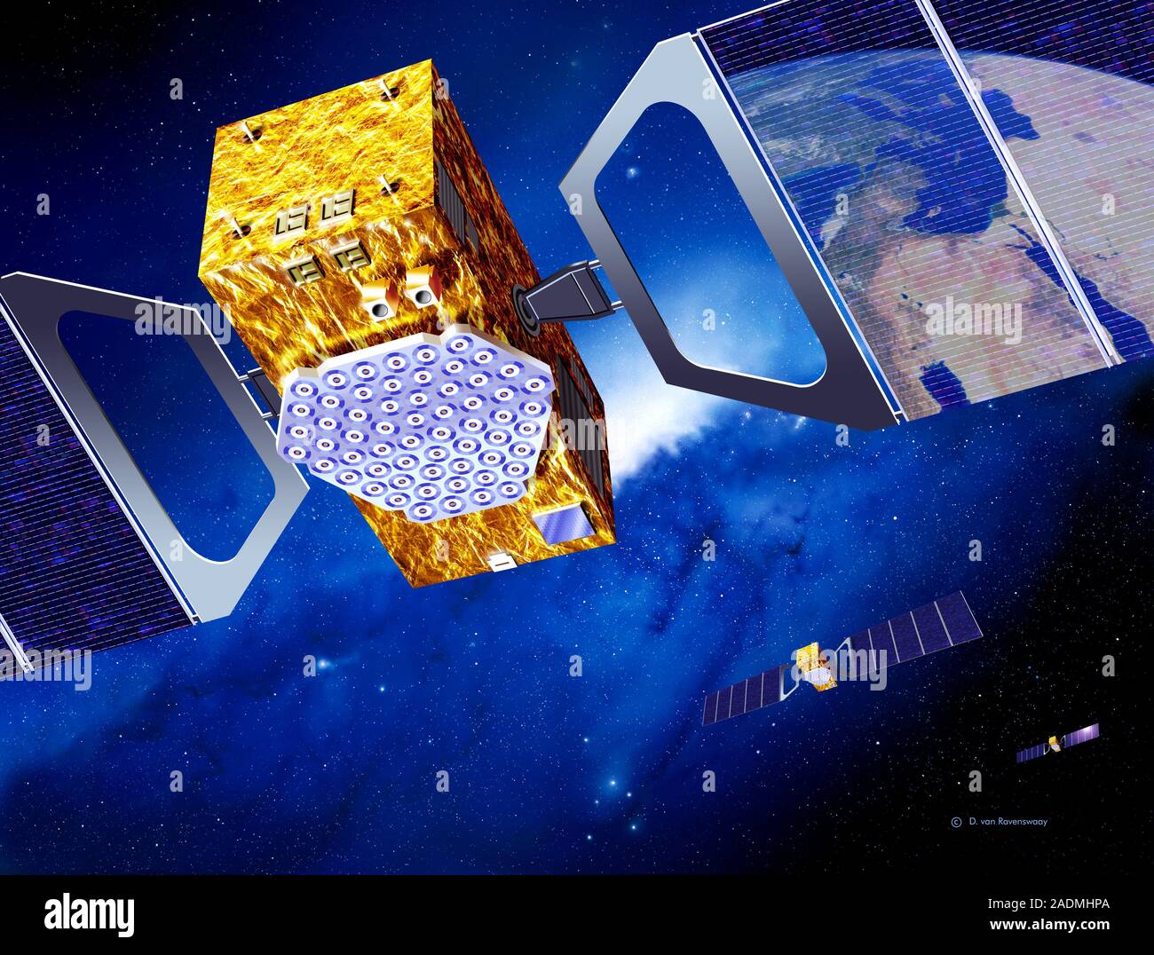 Galileo navigation satellite network. Artwork of several navigation ...