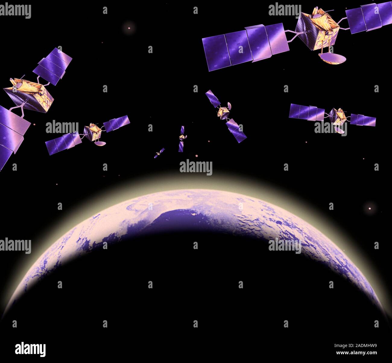 Communication satellites. Artwork of geostationary communication ...