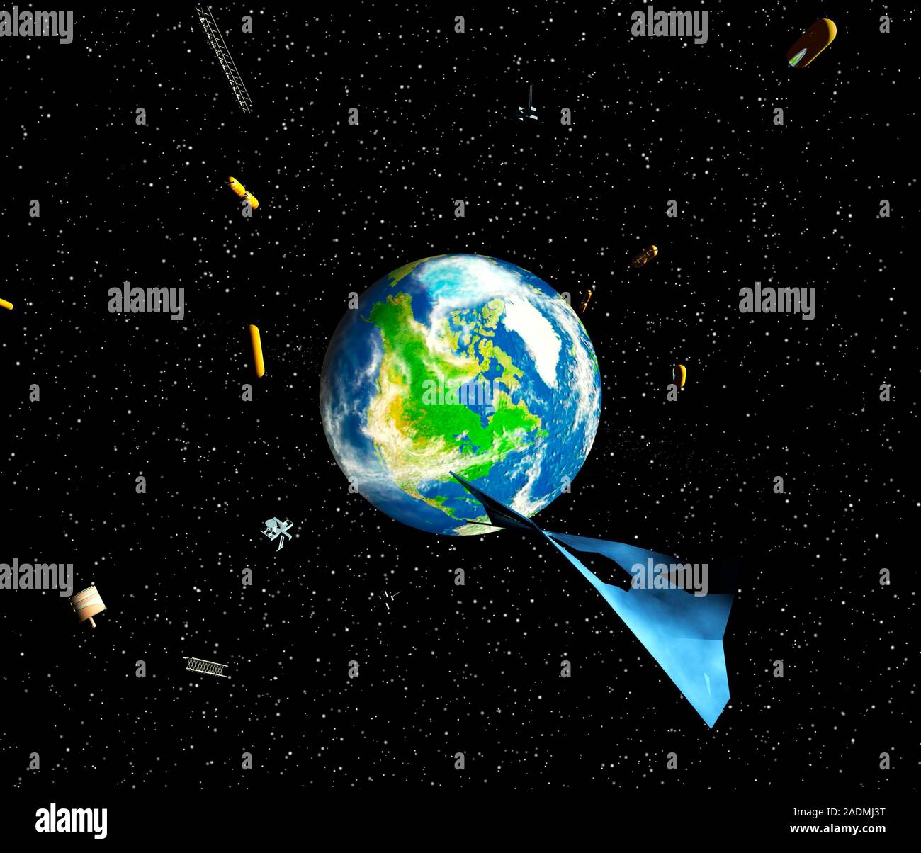 Space junk. Computer artwork showing the Earth and scattered debris in ...