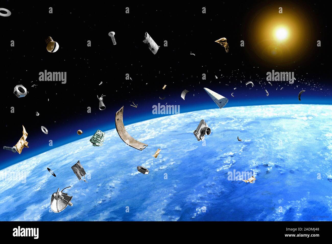 Space debris. Computer artwork of space debris orbiting the Earth. Such ...