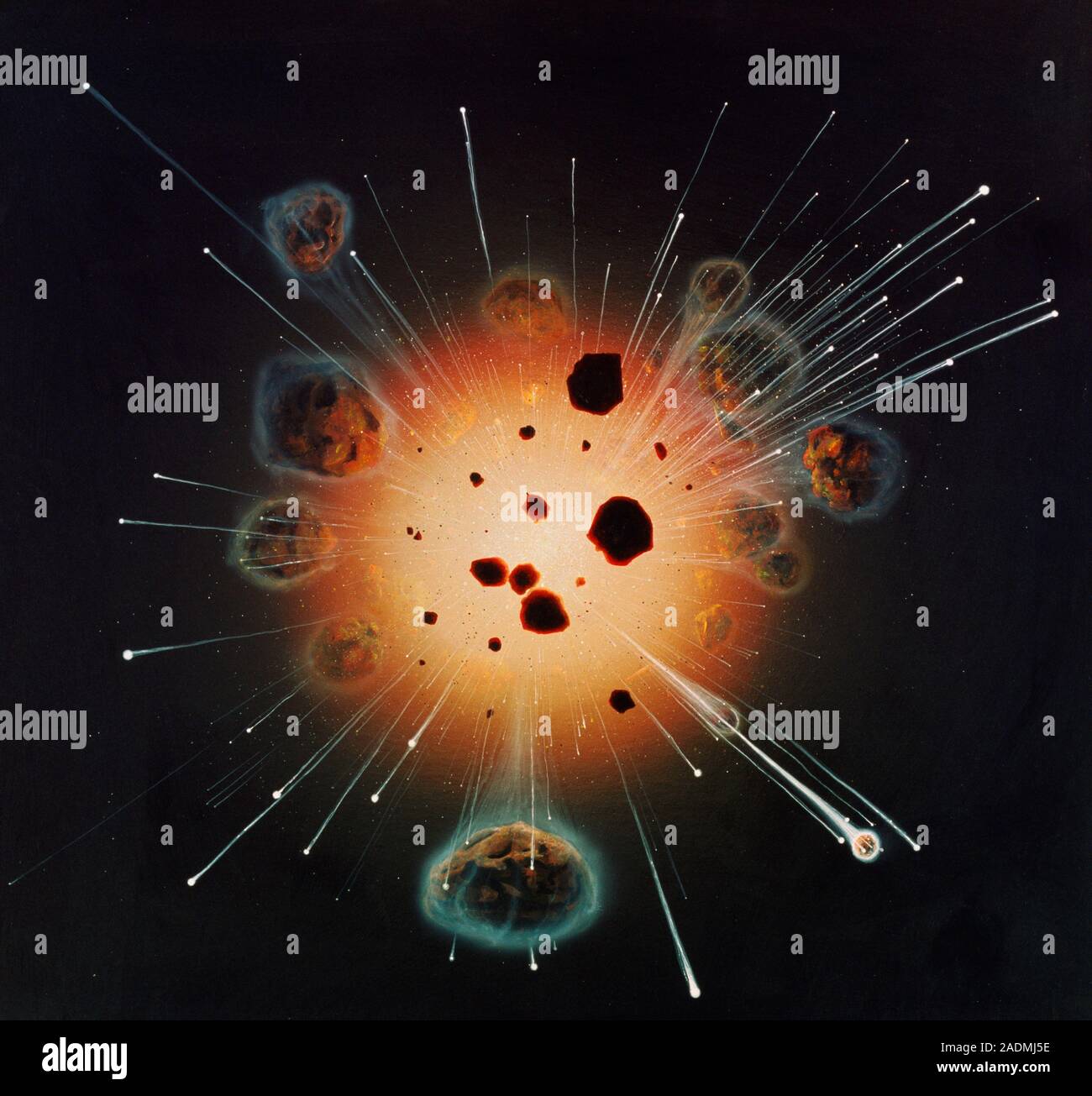 Illustration showing the explosion of a rocky body in space Stock Photo ...