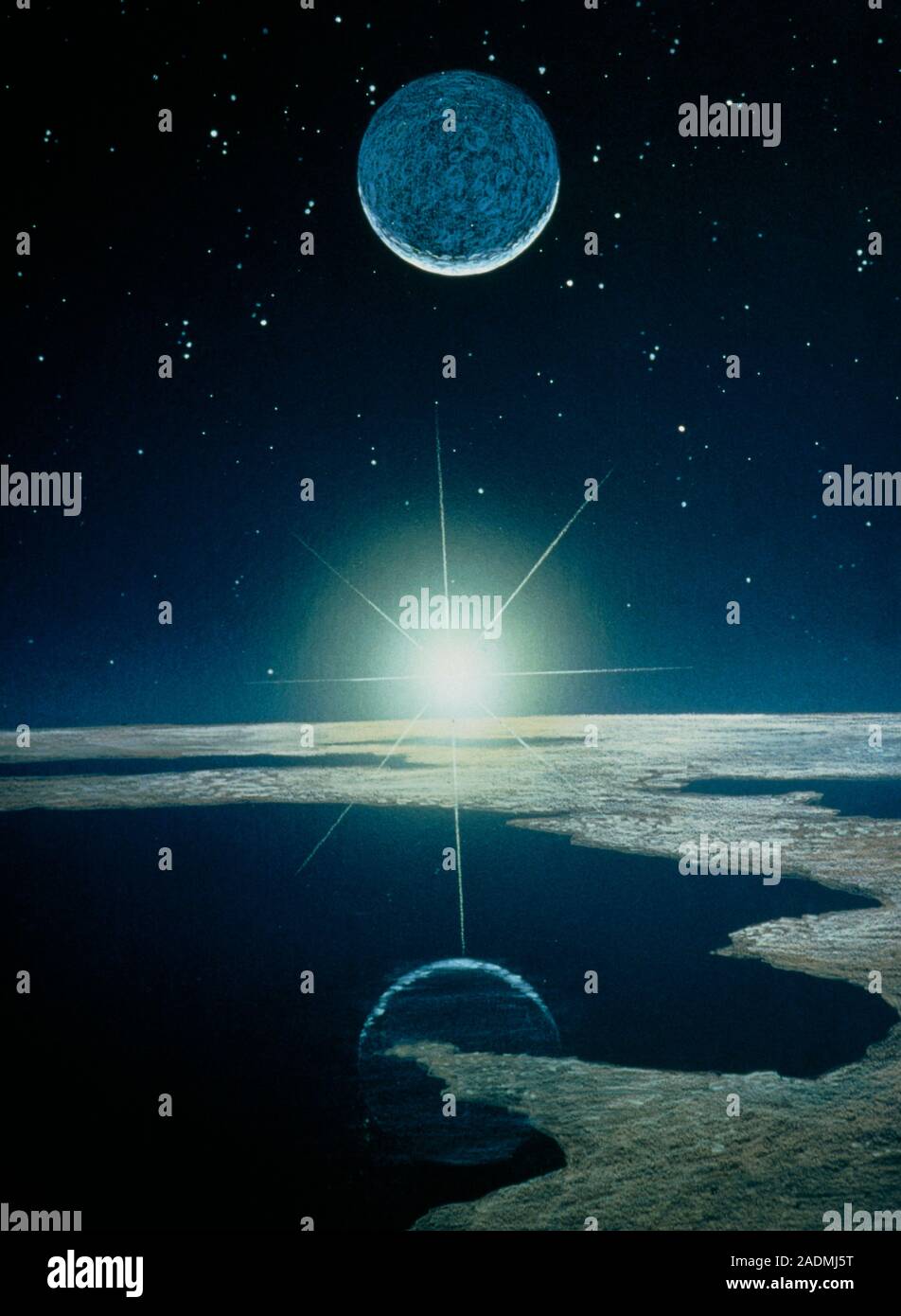 Illustration depicting sunrise over a mythical planet. Well above the ...