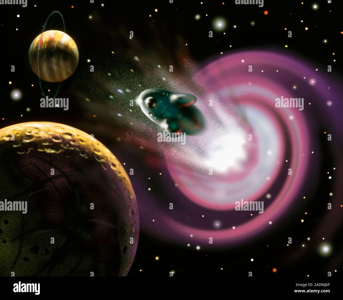 Spacecraft and wormhole. Artwork of a futuristic spacecraft leaving a ...