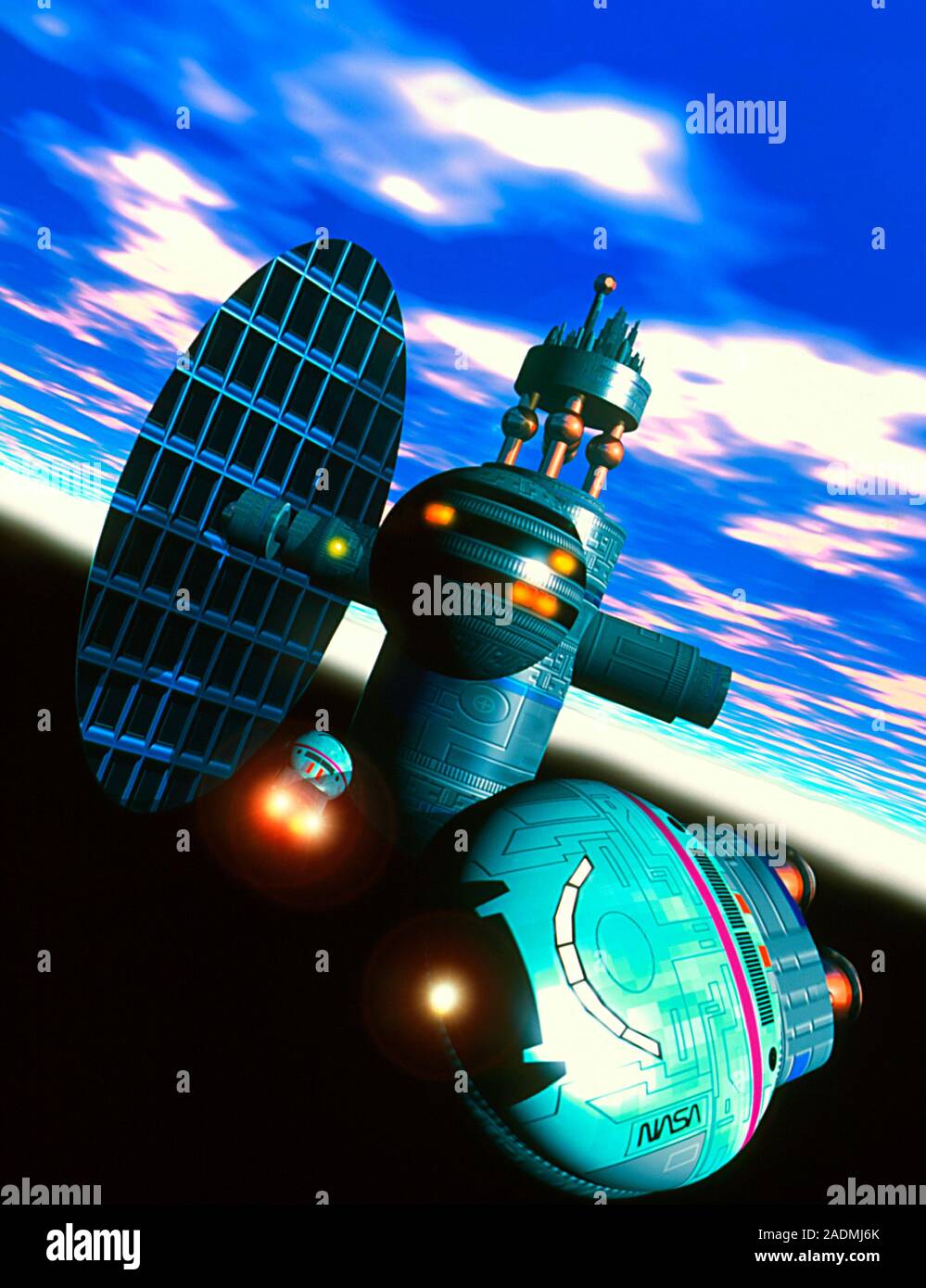 Space station. Computer artwork of futuristic space shuttles flying to ...