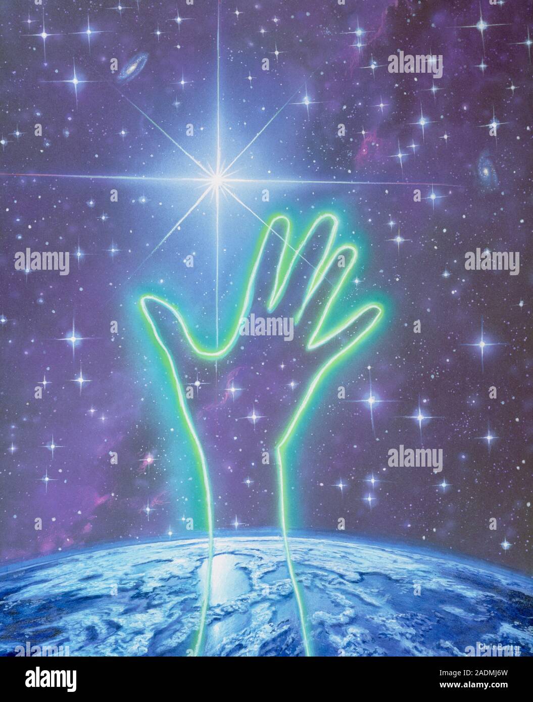 Space exploration. Abstract artwork of a hand reaching from Earth to ...