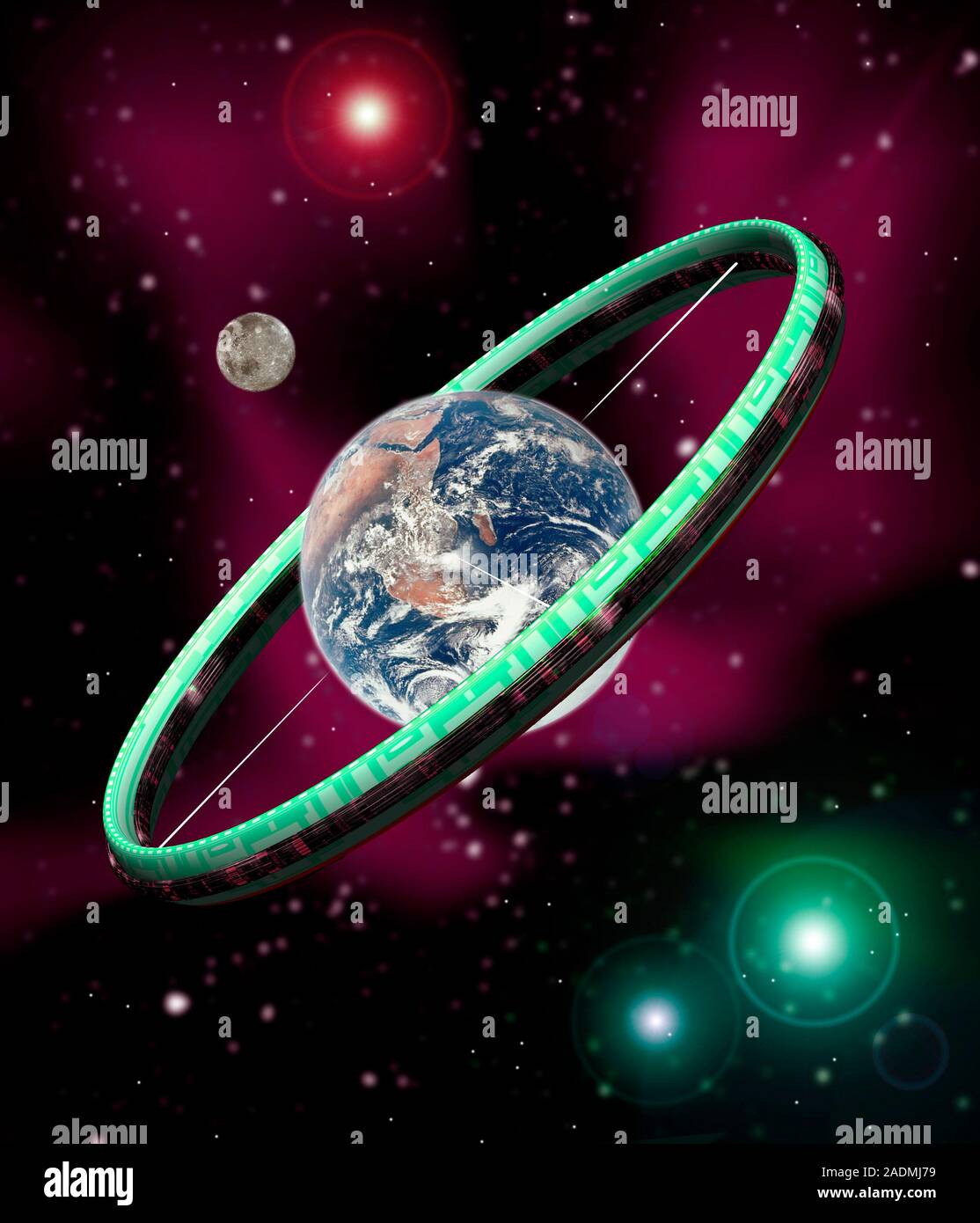 Star city. Computer artwork of part of a 'ring around the world' space ...