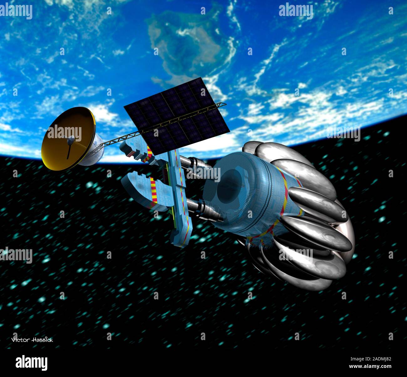 Satellite capture. Computer illustration of a spacecraft manoeuvring to ...