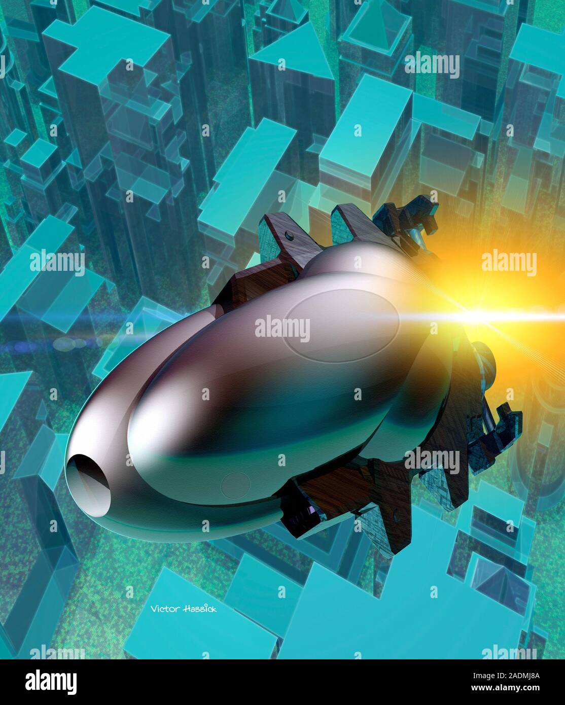 Spaceship. Computer artwork of a spaceship flying over a city on an ...