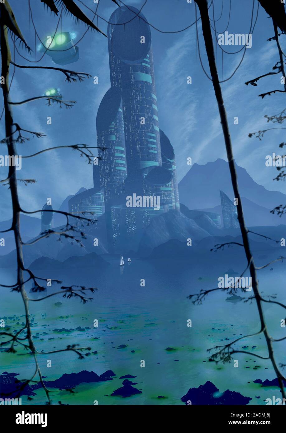 Alien city. Artwork of an alien city seen from a swamp. Flying machines ...