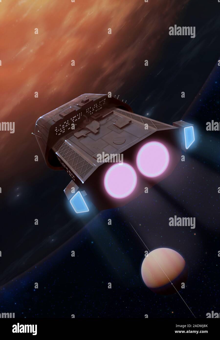 Titan spaceship. Artwork of a spaceship heading towards Titan (orange ...