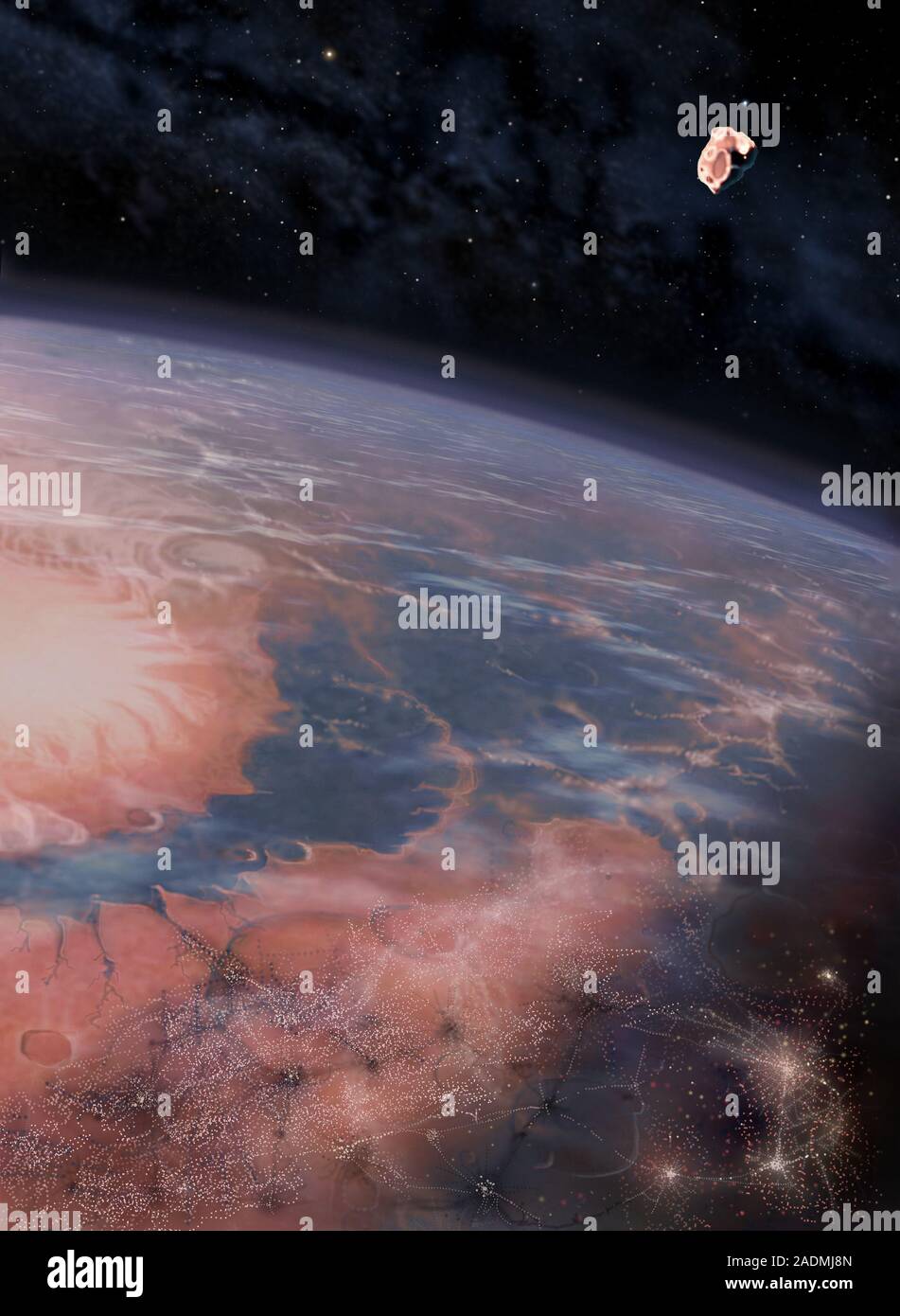 Terraformed Mars. Artwork of water and city lights (white, lower frame ...