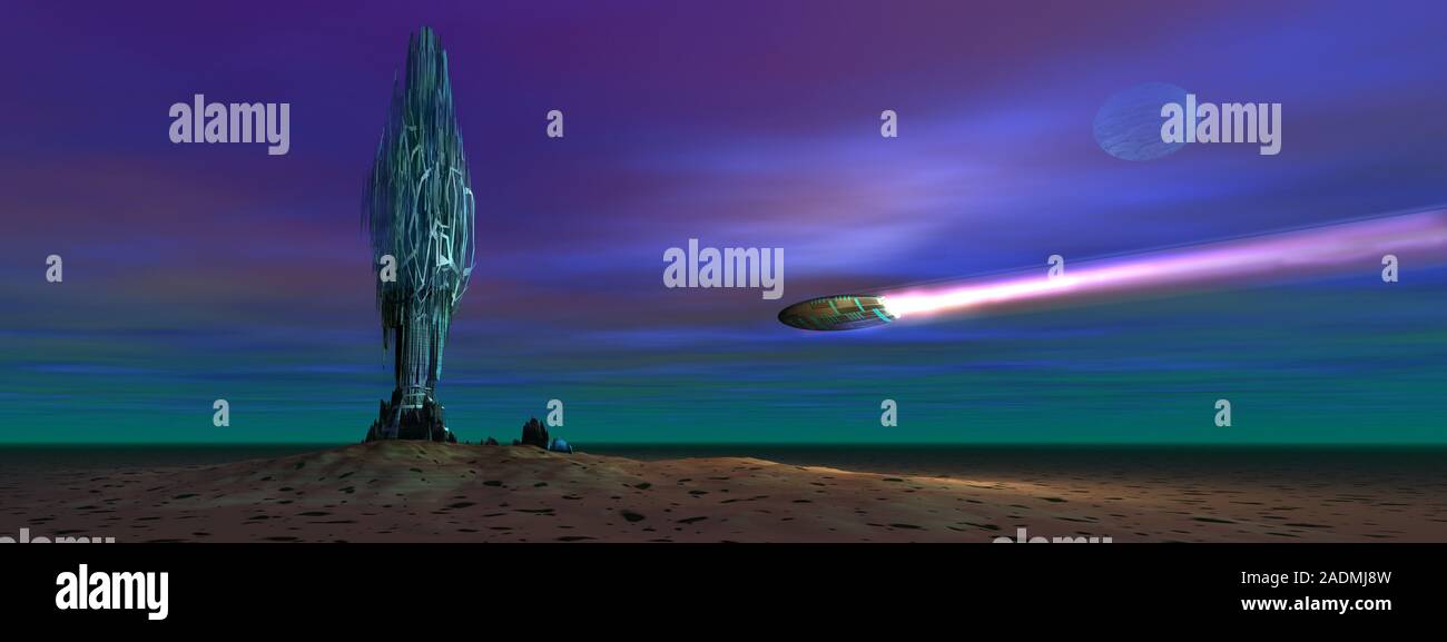 Alien city. Computer artwork of an aircraft flying towards an alien ...