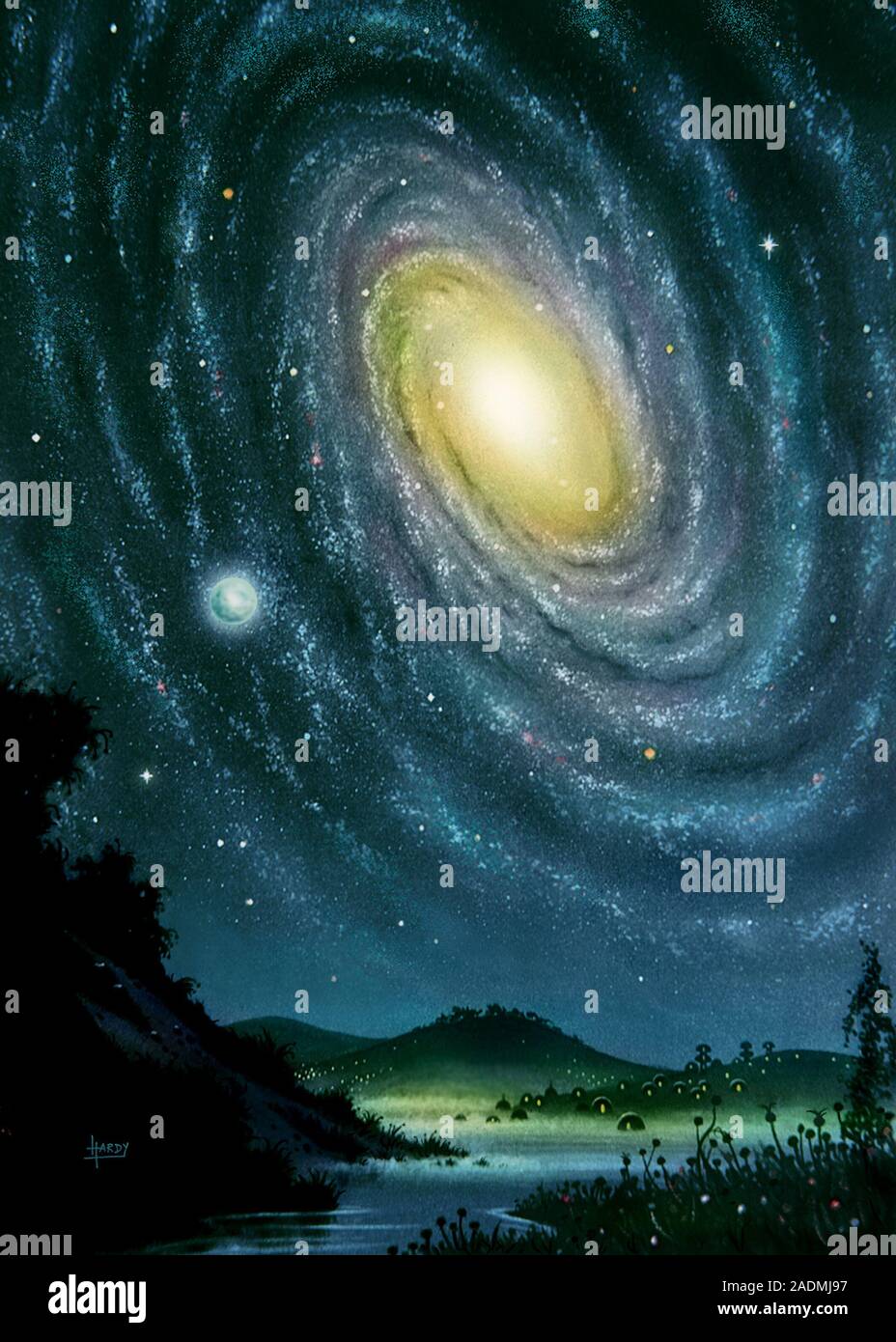 Alien civilisation. Artwork of the Milky Way spiral galaxy seen in the ...