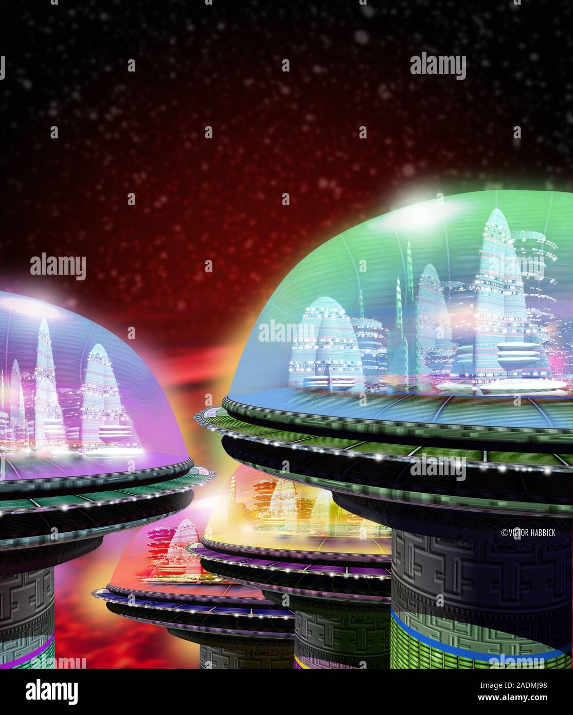 Space cities. Computer artwork of domed cities on a planetary surface ...
