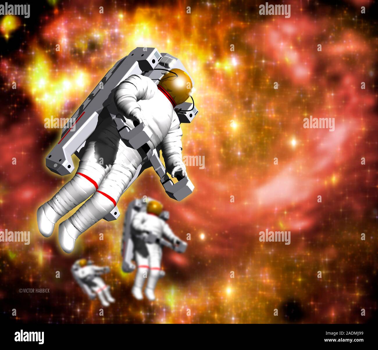 Space walk. Computer artwork of three astronauts performing a space ...