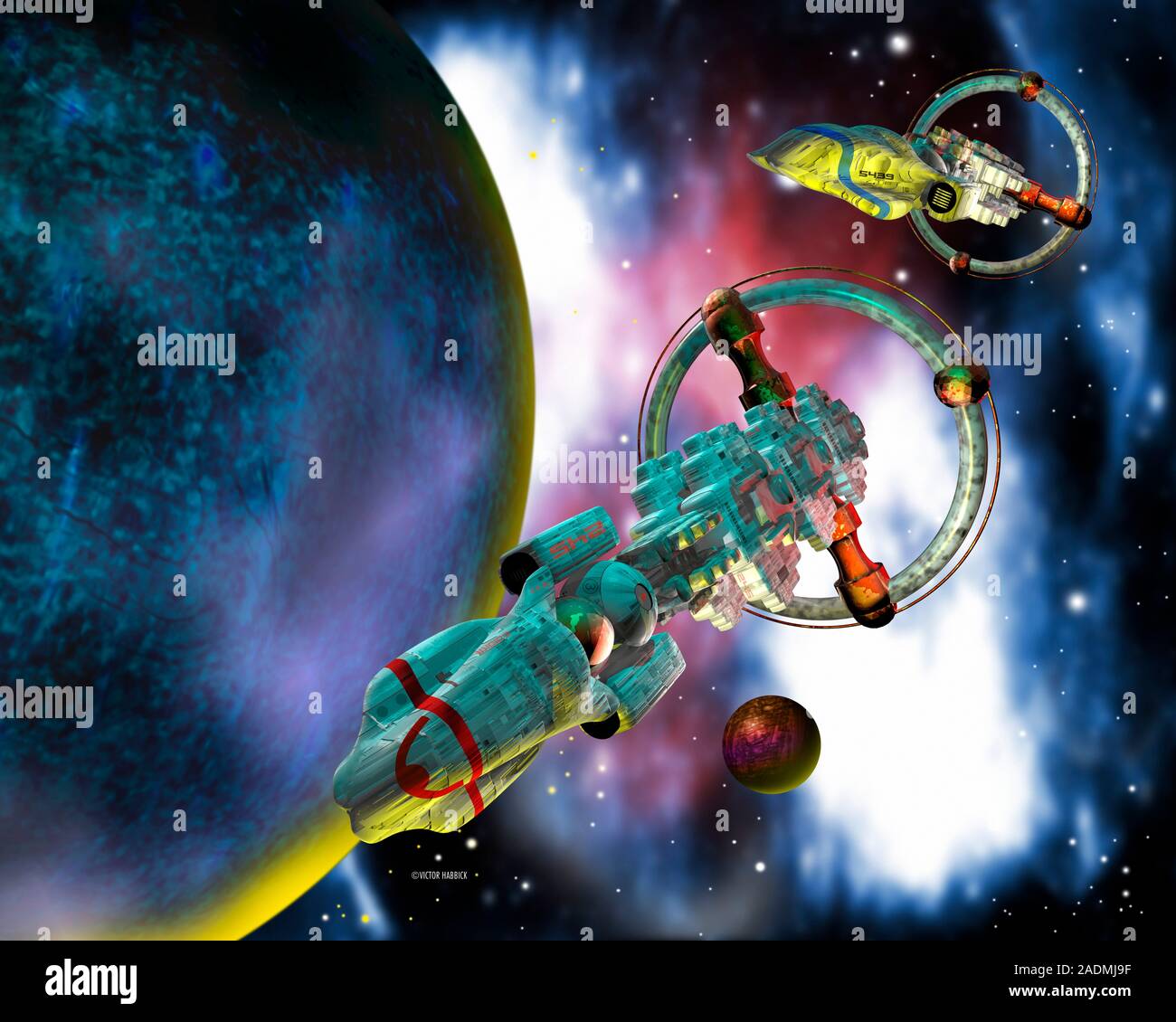 Antimatter drive spaceships by an alien planet and its moon, computer ...