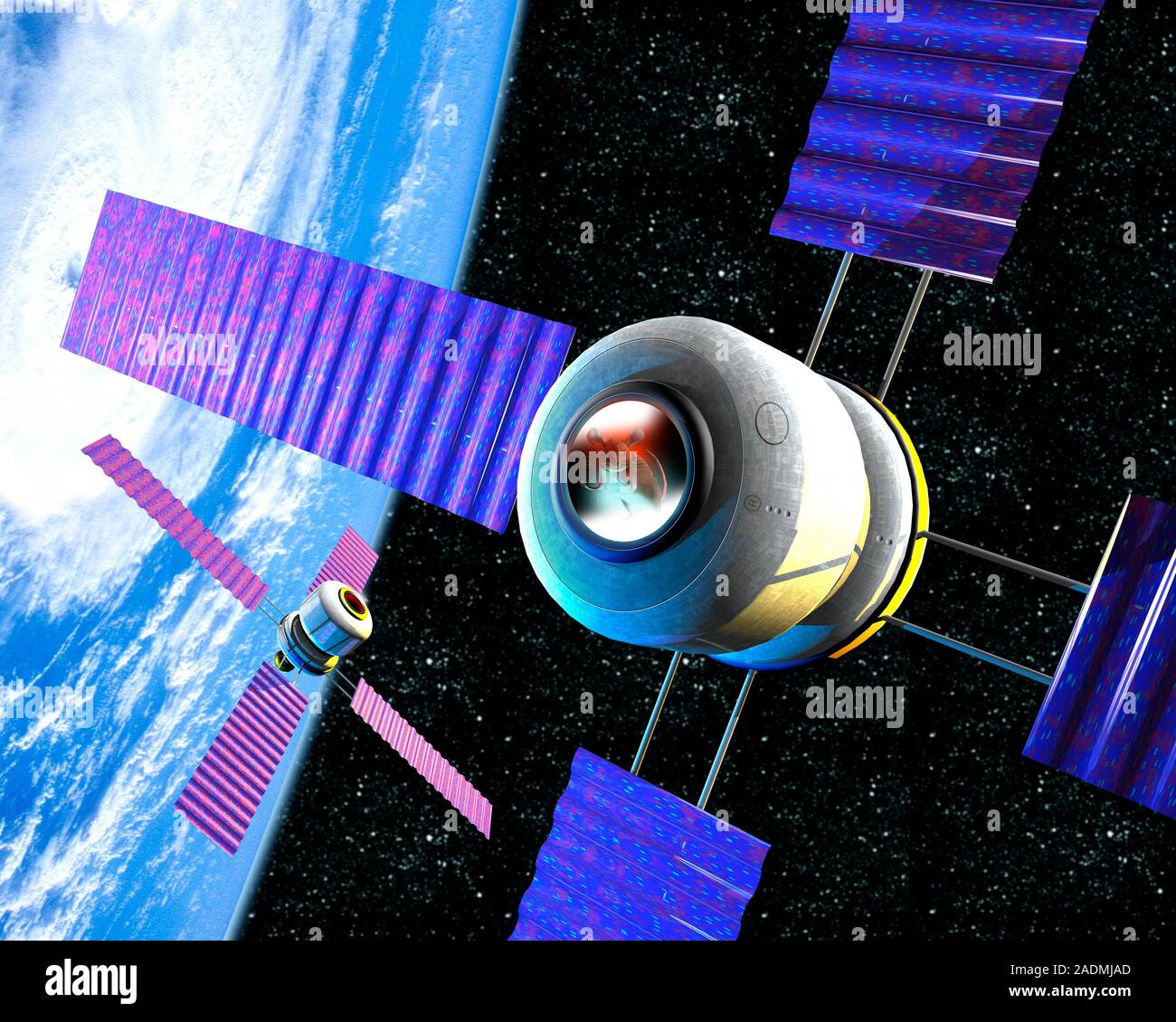 Space research. Computer artwork of two satellites in Earth orbit for ...