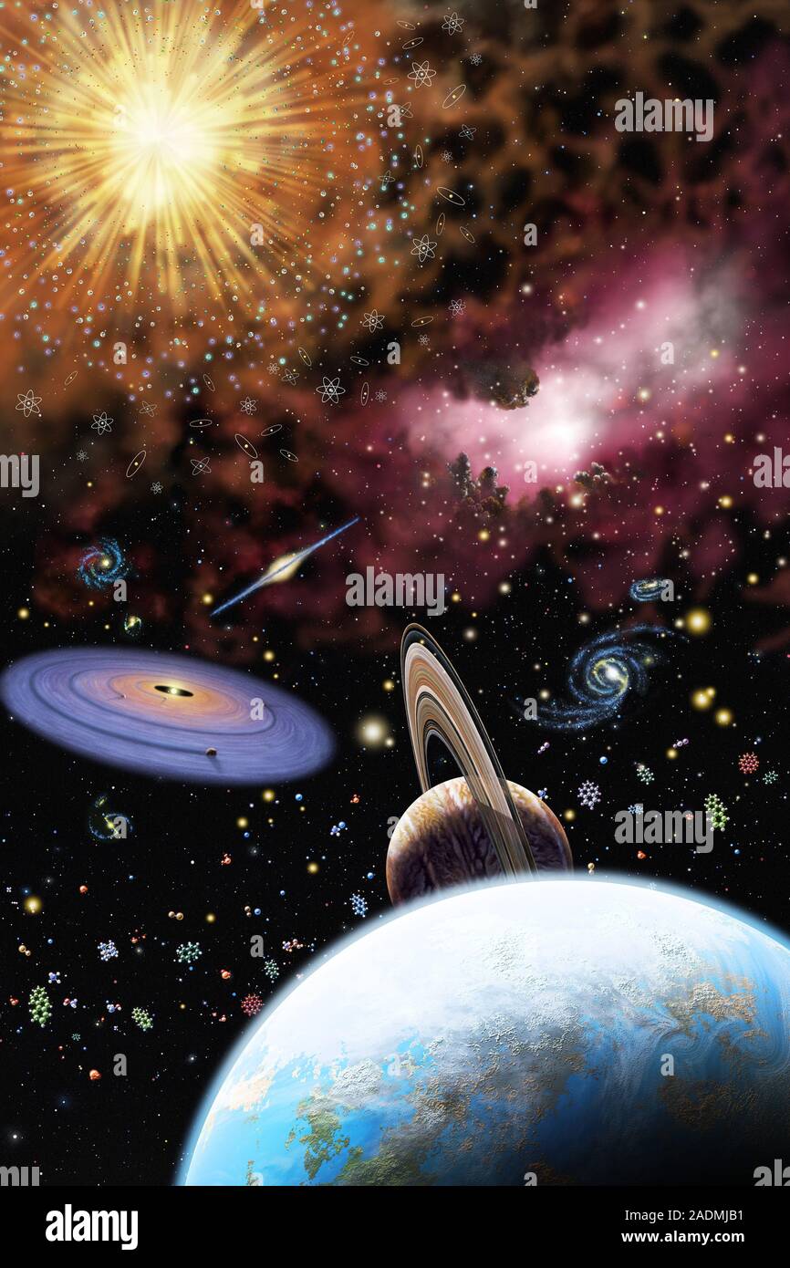Evolution of the universe, conceptual artwork. Starting in the top left ...