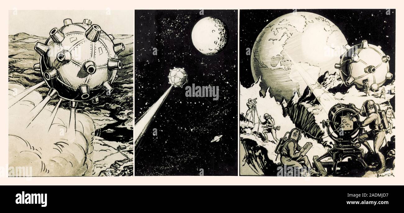 Moon flight as depicted in a 1930s comic strip. Astronauts are shown ...