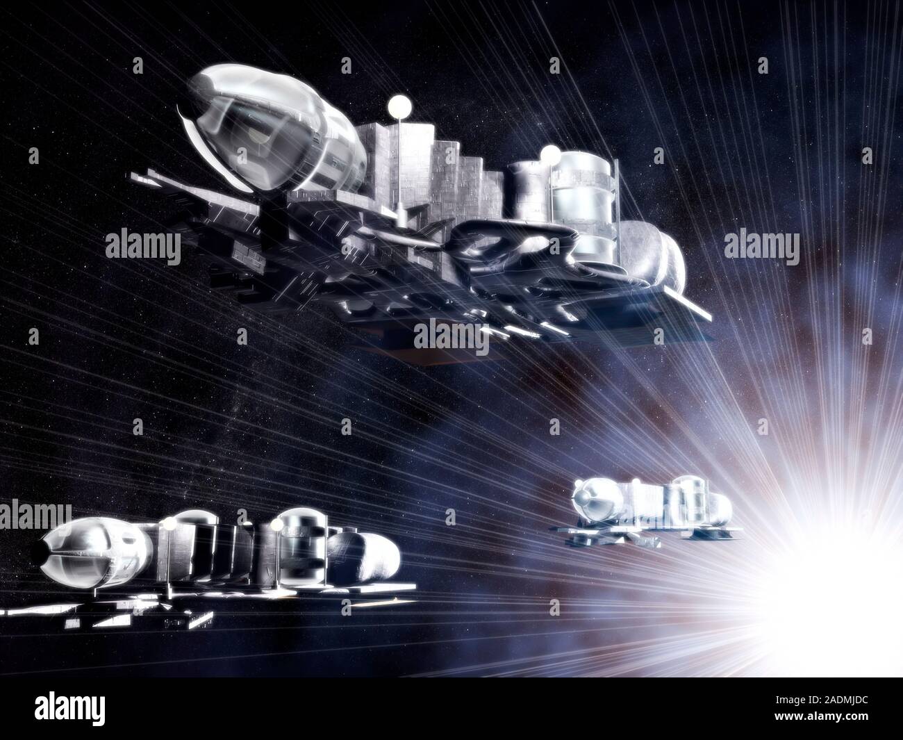 Stargate spaceships. Computer artwork of a fleet of spaceships that ...