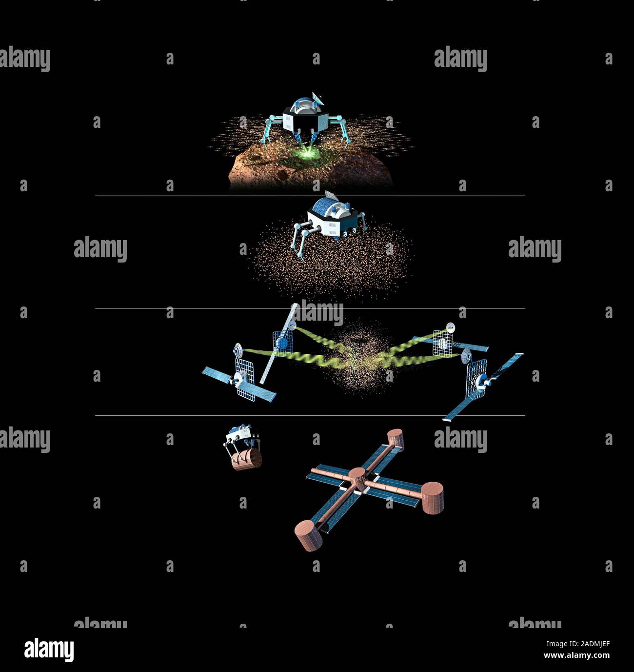 Space construction technique. Artwork of the tailored force fields ...