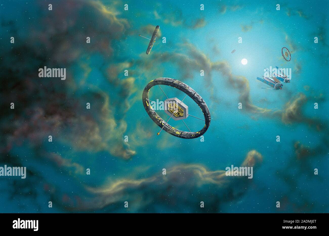 Space colony. Artwork of a hypothetical colony of spacecraft orbiting ...