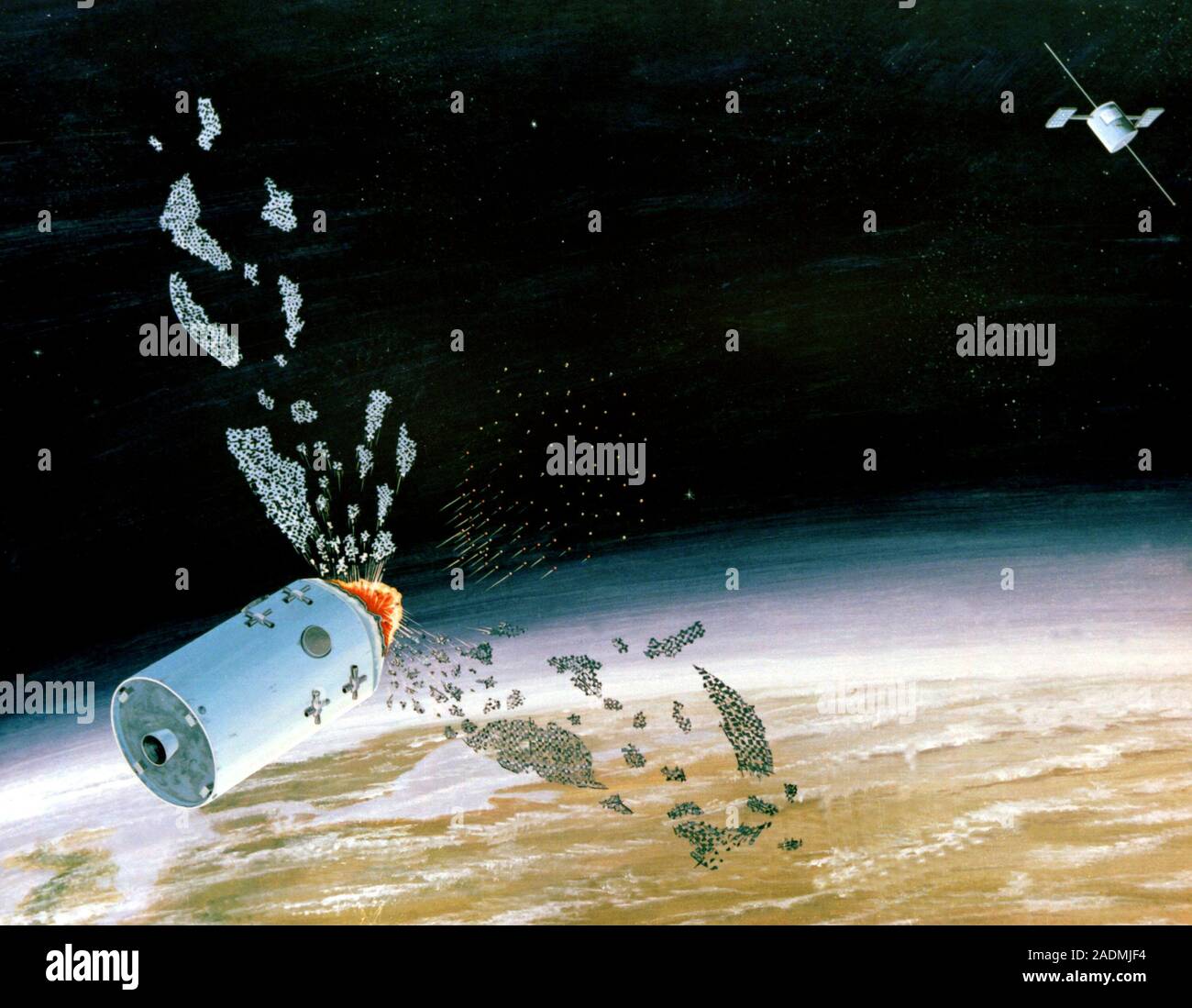 ASAT destroying a satellite. Artwork of a anti-satellite (ASAT) weapon ...