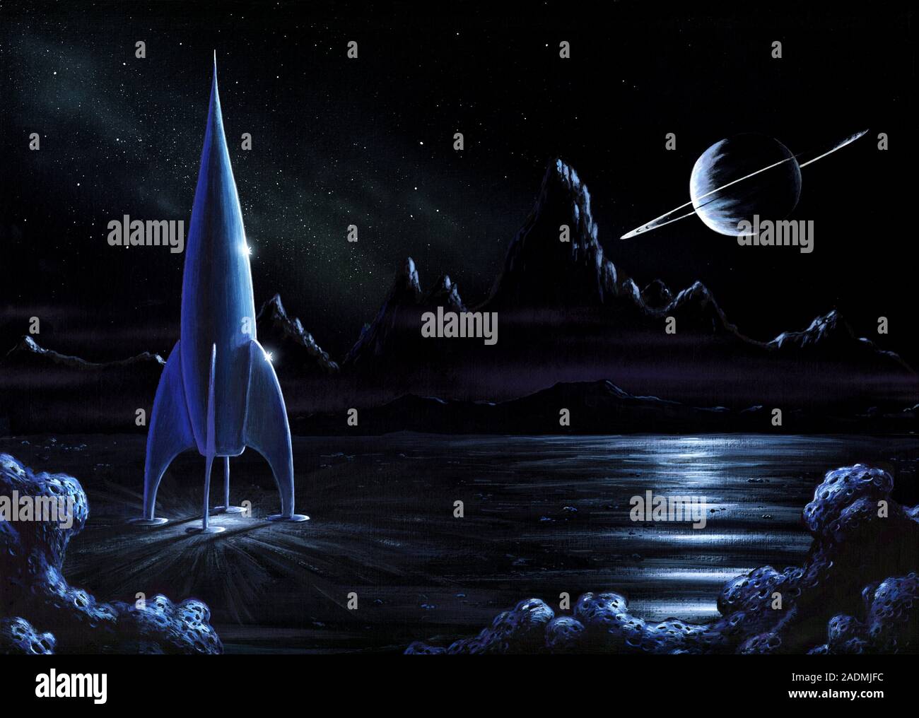 Space rocket and ringed planet, artwork. The space rocket (left) has ...