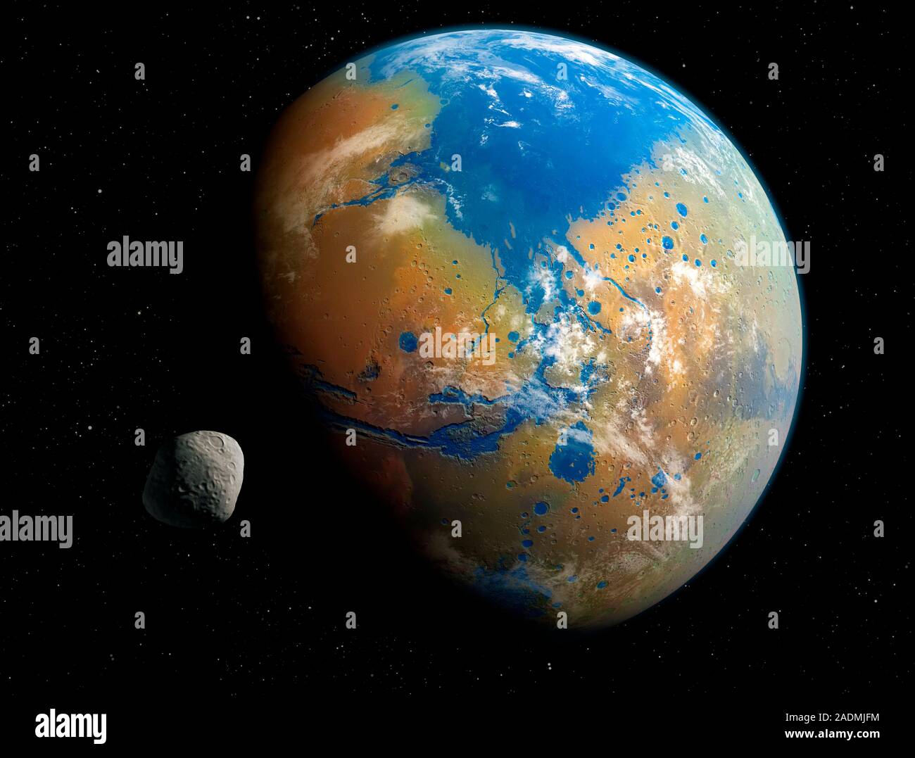 Terraformed Mars. Computer artwork of the planet Mars with oceans of ...