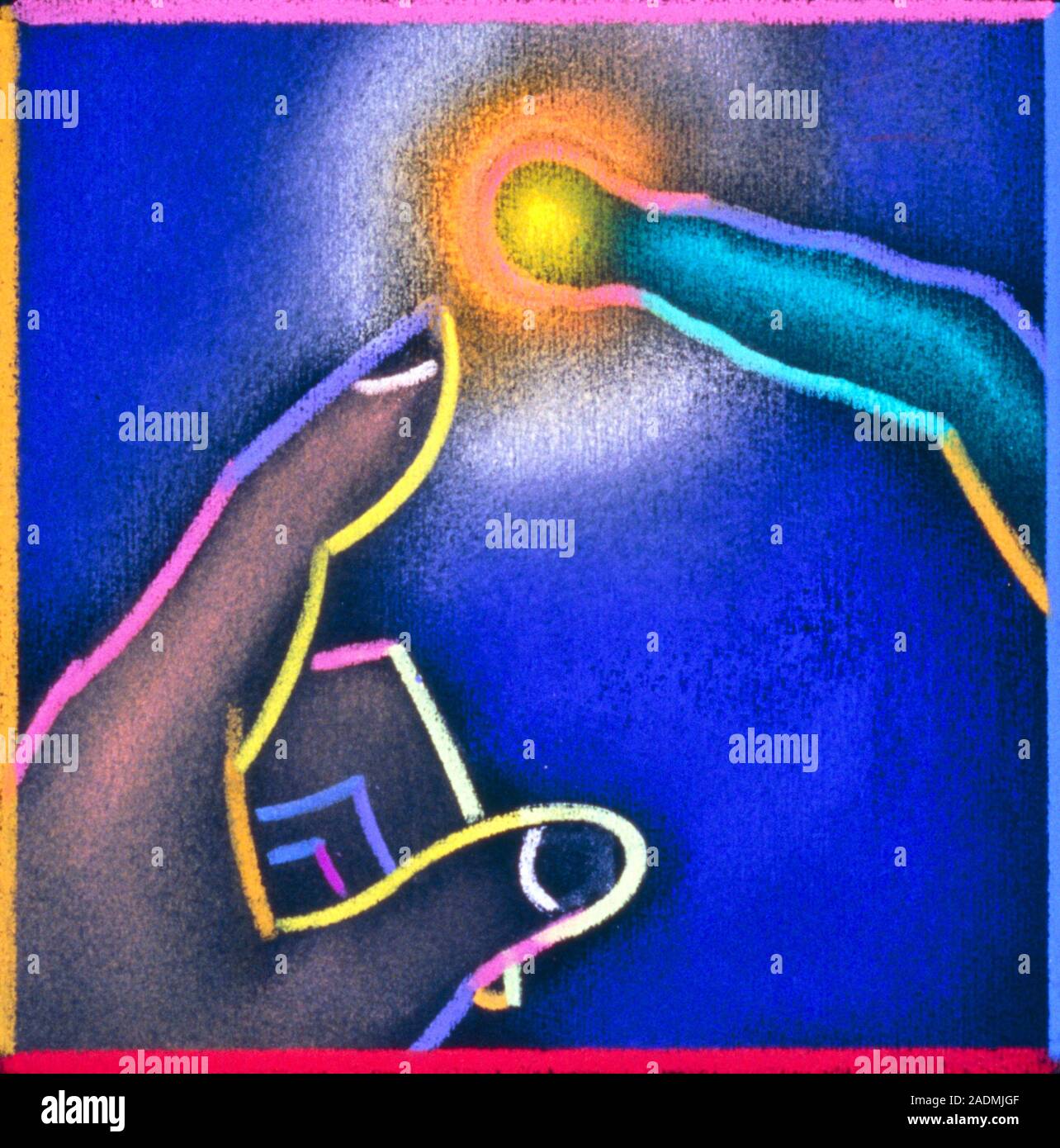 Alien's touch. Artwork of a glowing extraterres- trial alien finger ...