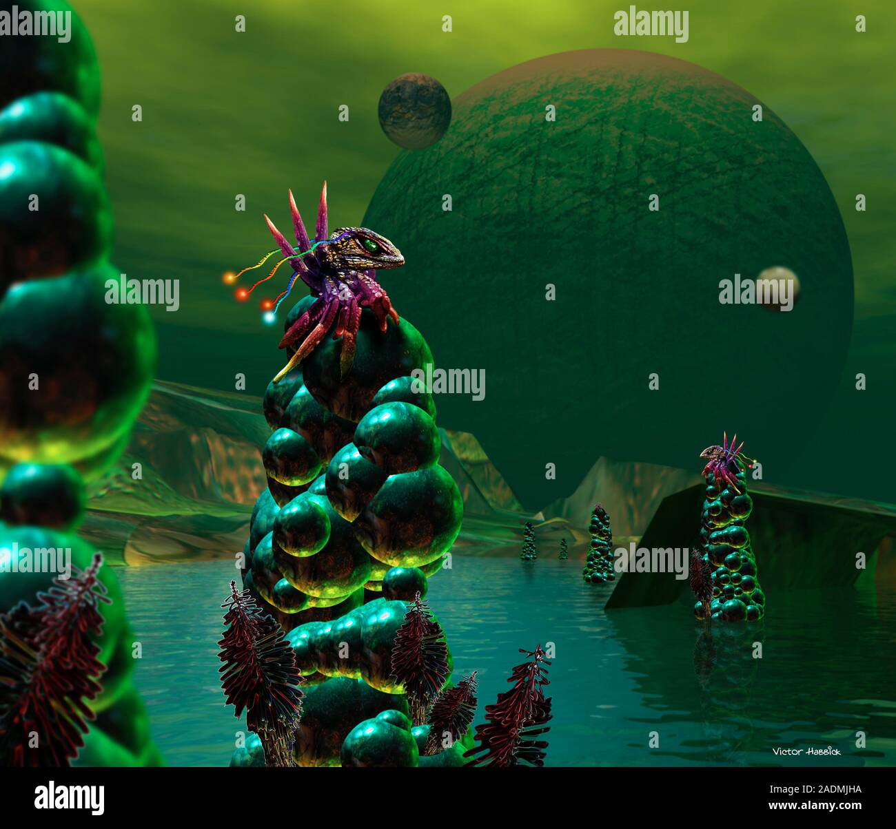 Alien creatures. Computer illustration of alien creatures on their home ...